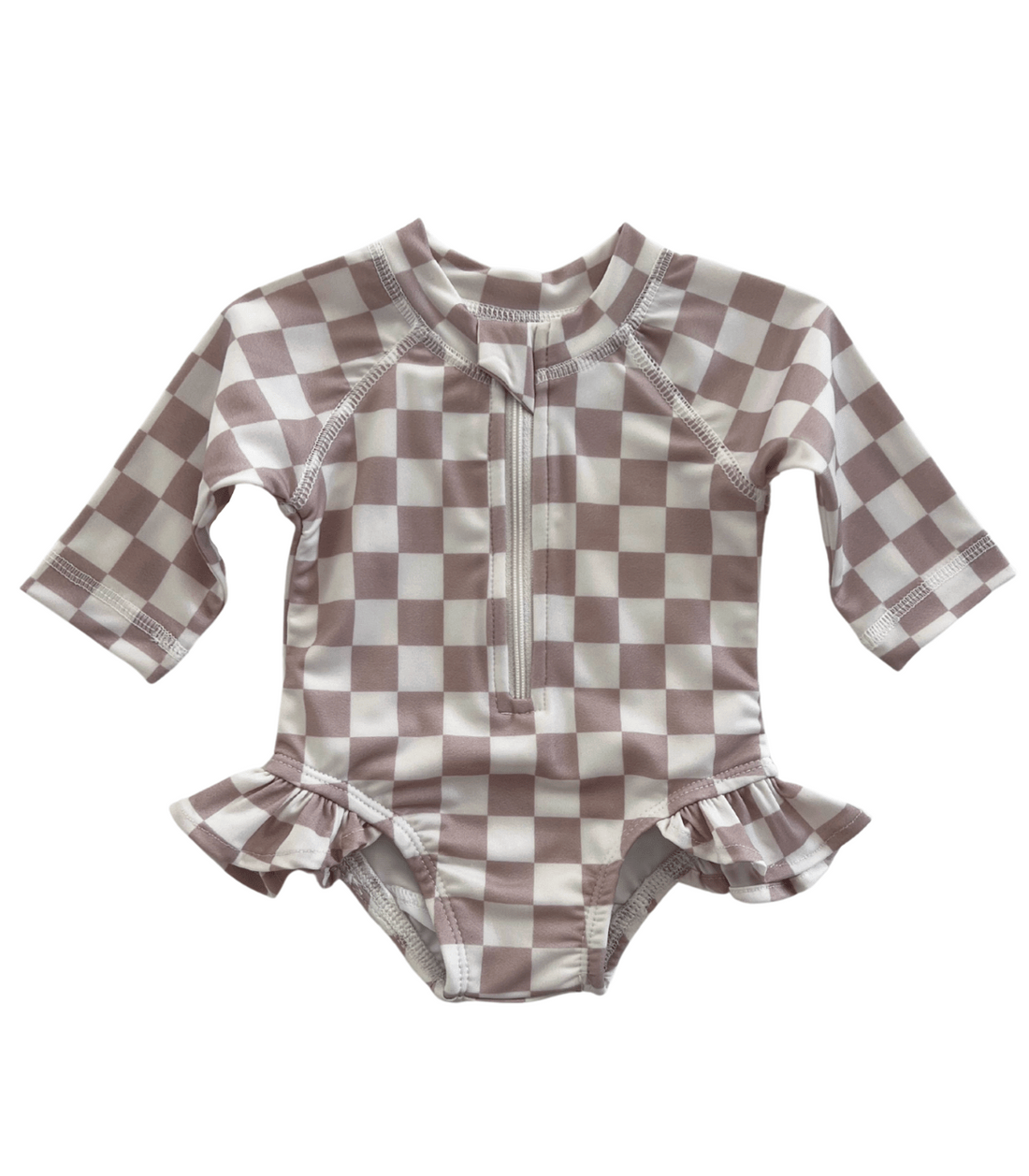 Girls Long Sleeve Checkerboard Print Swimsuit with Frills | Siix ...